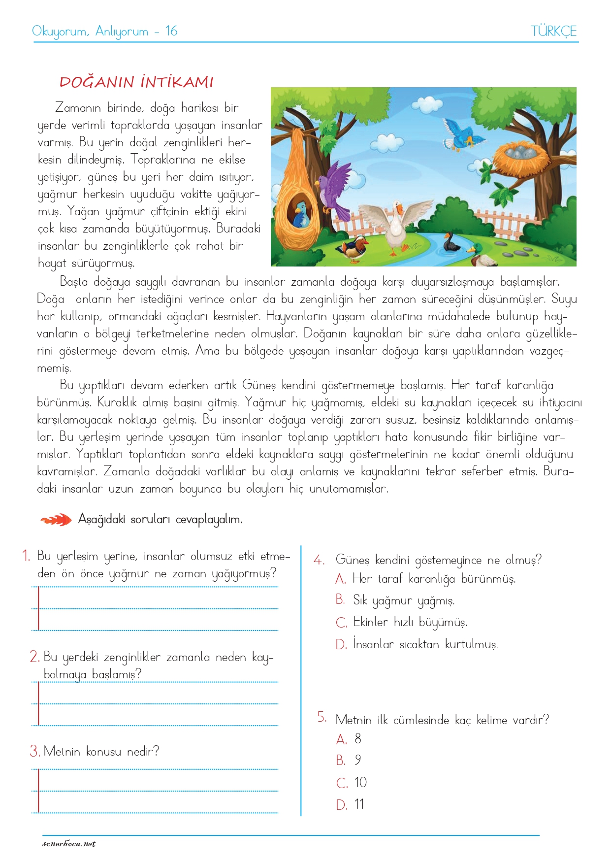 4. sınıf okuma anlama çalışması Doğanın İntikamı